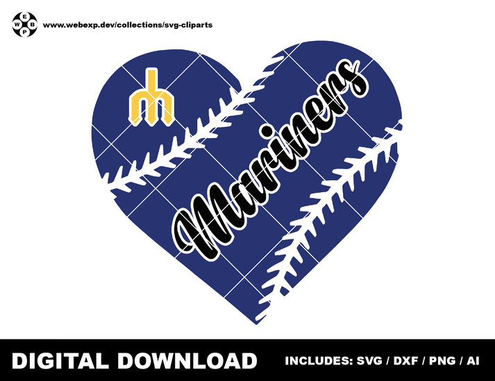 Mariners heart baseball logo, clipart SVG PNG DXF instant download ...