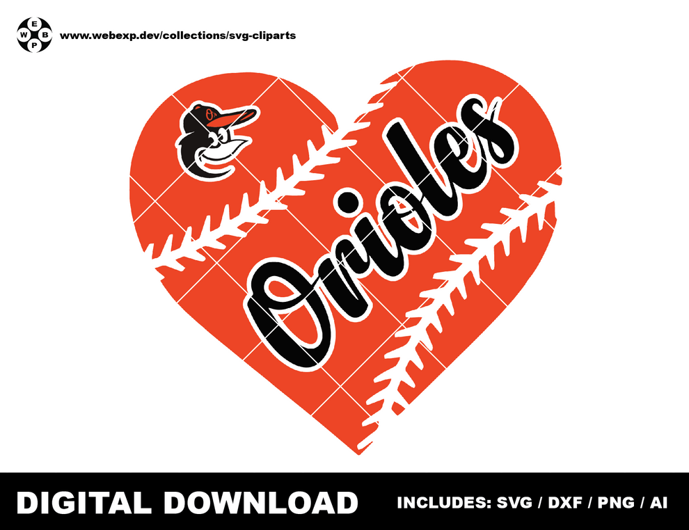 Orioles heart baseball logo, clipart SVG PNG DXF instant download ...